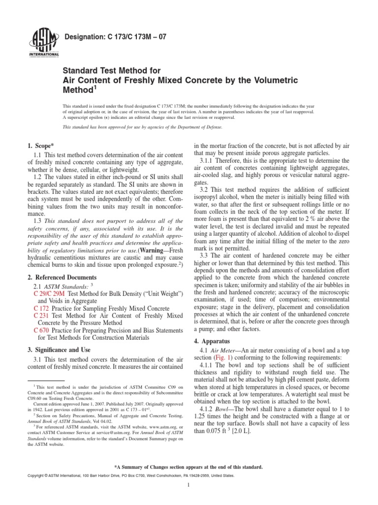 C173 C173M - Test Method For Air Content of Freshly Mixed Concrete by ...