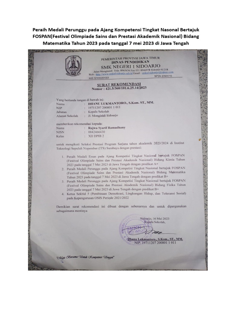 Peraih Medali Perunggu Pada Ajang Kompetensi Tingkat Nasonal Bertajuk ...