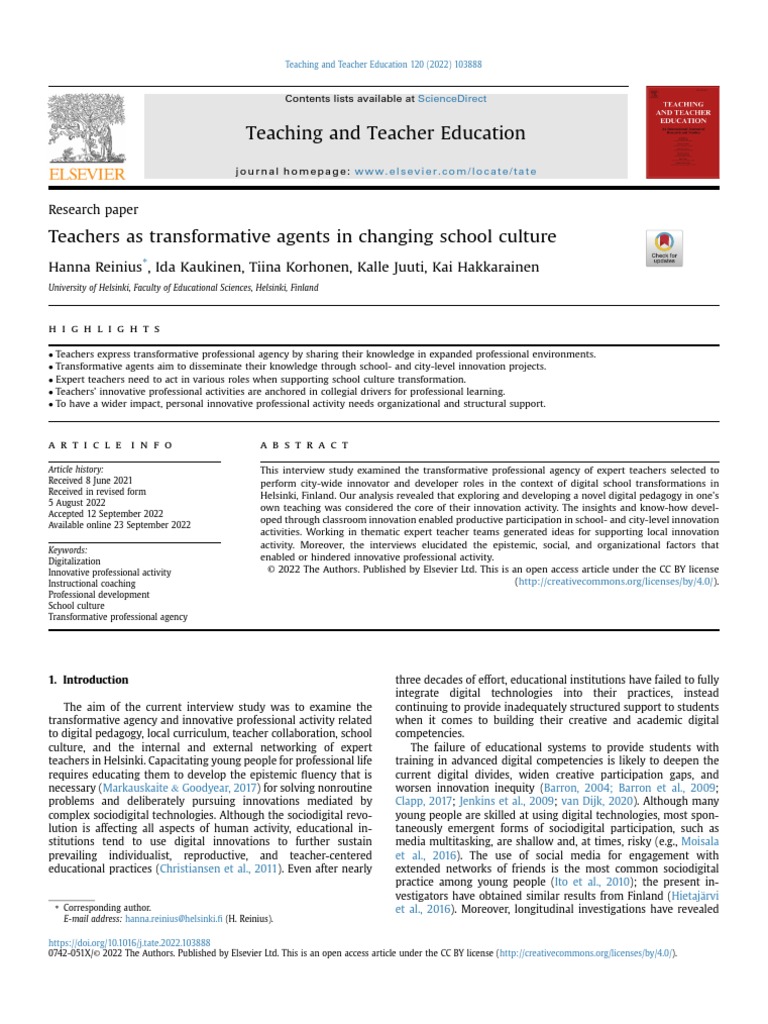 Teachers As Transformative Agents in Changing S 2022 Teaching and ... Teachers As Transformative Agents in Changing S 2022 Teaching and ...