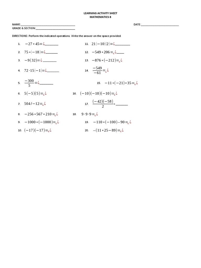 Integer Operations Practice Sheet | PDF | Teaching Methods & Materials