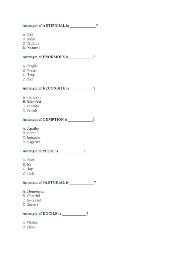 Antonyms Quiz: Test Your Knowledge | PDF