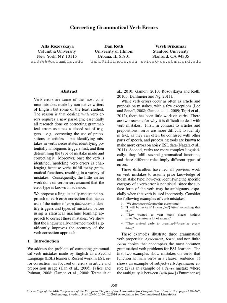 Correcting Grammatical Verb Errors | PDF
