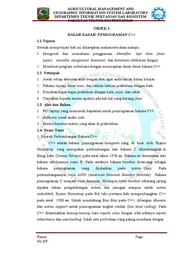 Objek 1 Dasar Dasar Pemograman C++ 2023 | PDF
