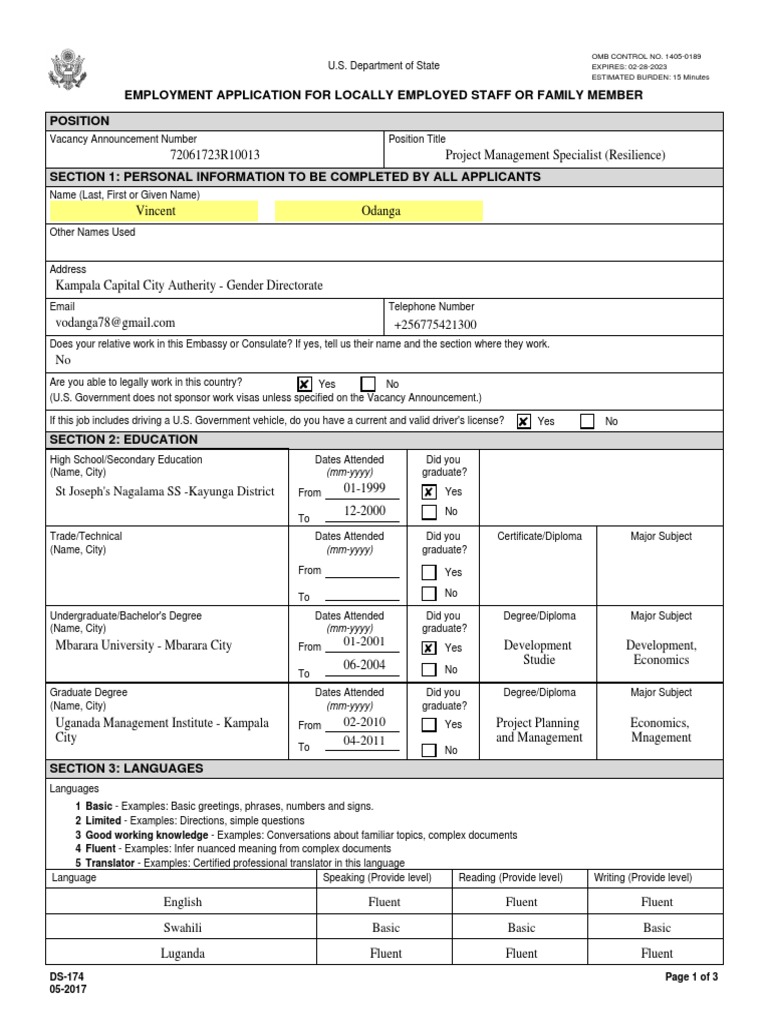 APPLICATION FORM USAID PROJECT MANAGEMENT SPECIALIST---- | PDF | United ...