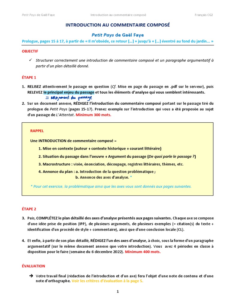 Introduction au commentaire de "Petit Pays" | PDF | Études des langues ...