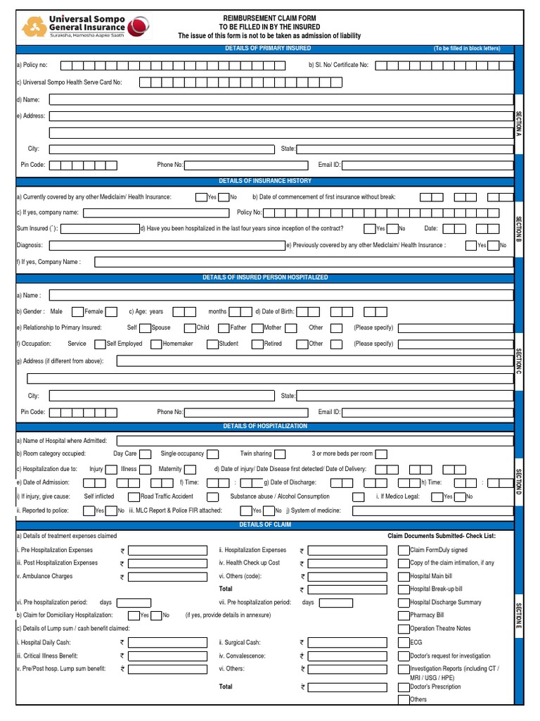 Universal Sompo Reimbursement Claim Form | PDF | Hospital | Insurance