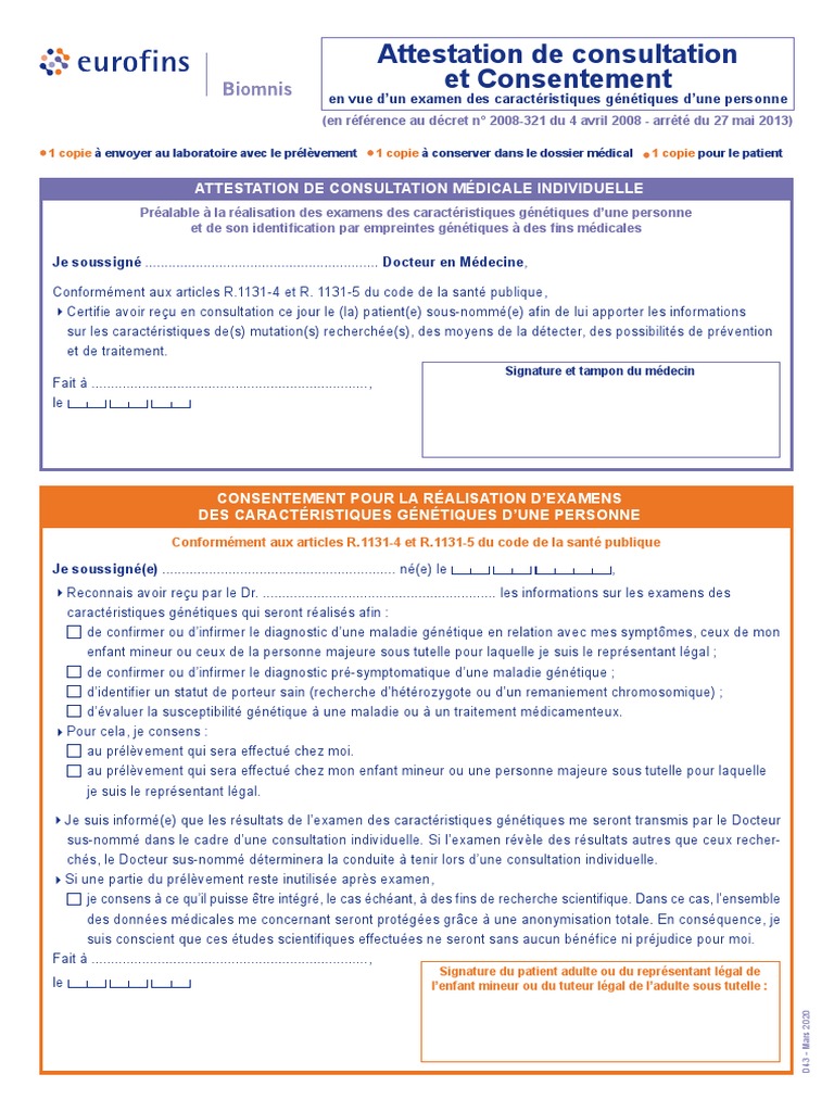 D43 Attestation Consentement - Genetique | PDF | Maladie génétique ...