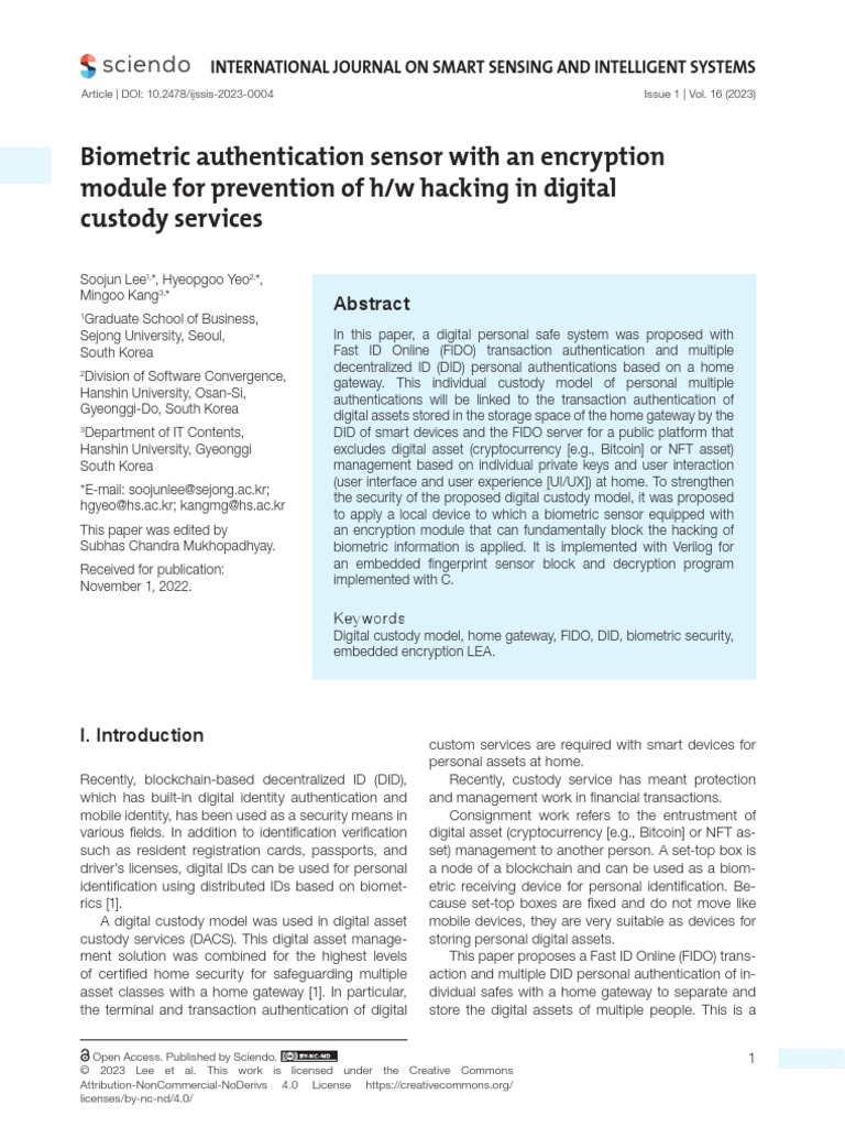 Biometric Authentication Sensor With An Encryption Pdf Authentication Biometrics