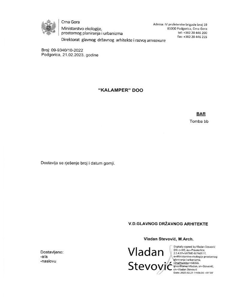 Rjesenja Glavnog Drzavnog Arhitekte 21022023 Rjesenje Kalamper Doo Bar ...