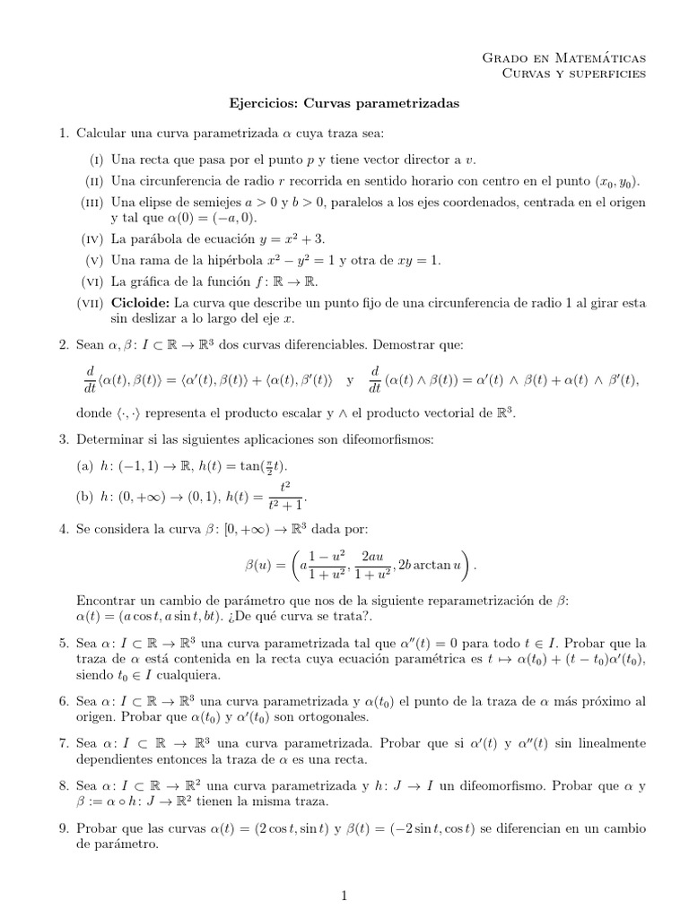 Relación de Ejercicios 1 | PDF | Curva | Línea (geometría)