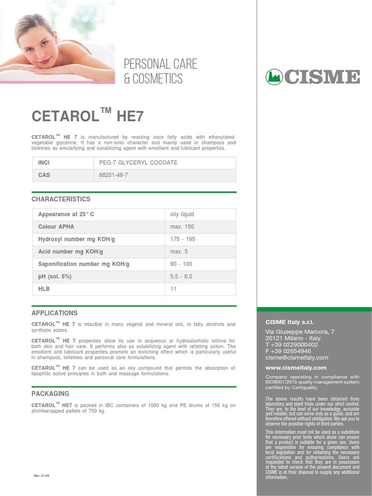 CETAROL HE7 Datasheet | Download Free PDF | Glycerol | Shampoo