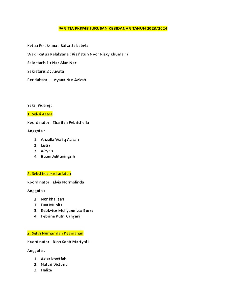Nama Nama Panitia PKKMB 2023 | PDF