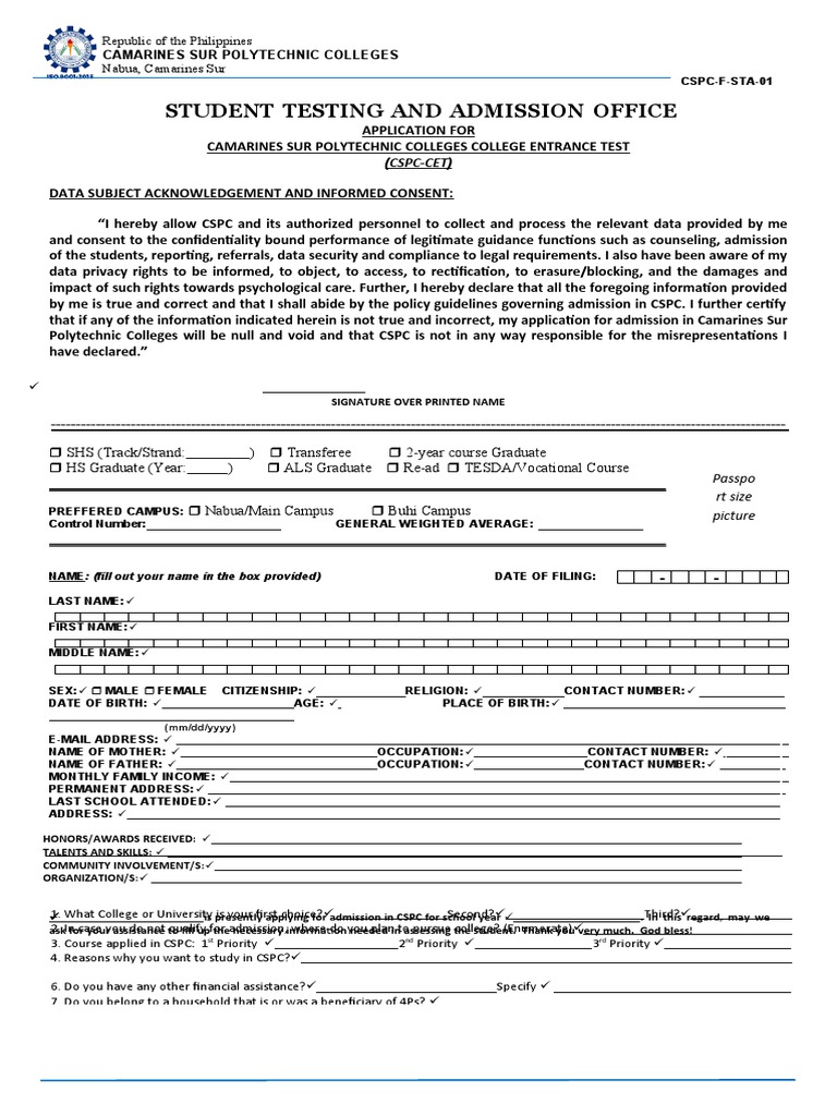 Application For CSPC CET Rev 8 | PDF | Bachelor's Degree | Bachelor Of Science