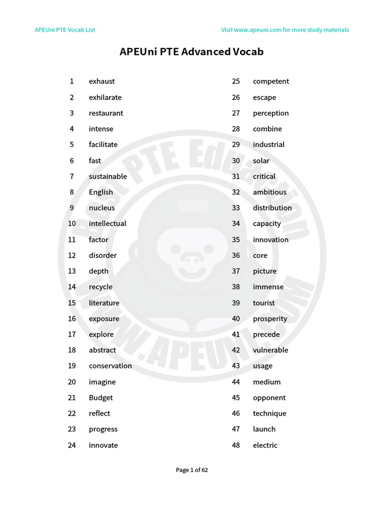 APEUni PTE Vocabulary List 2025 | PDF