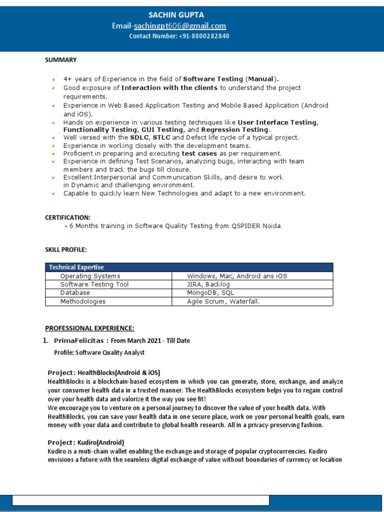 Software Testing Professional Profile | PDF | Software Testing ...