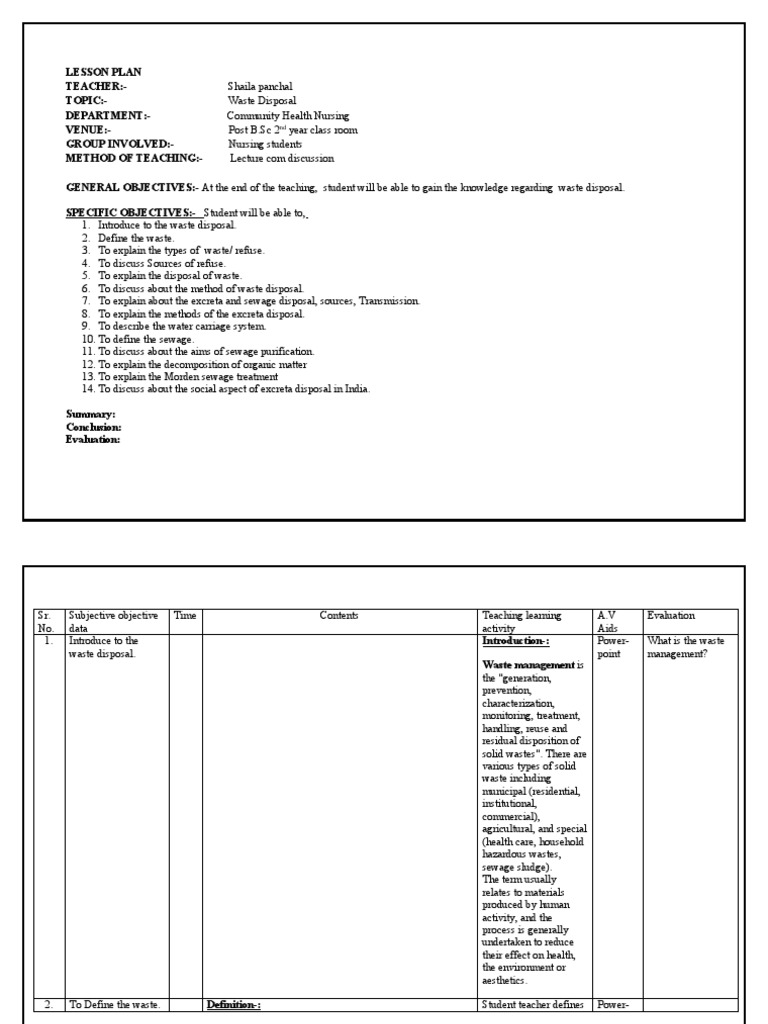 LESSON PLAN Waste Disposal | PDF | Sewage Treatment | Waste
