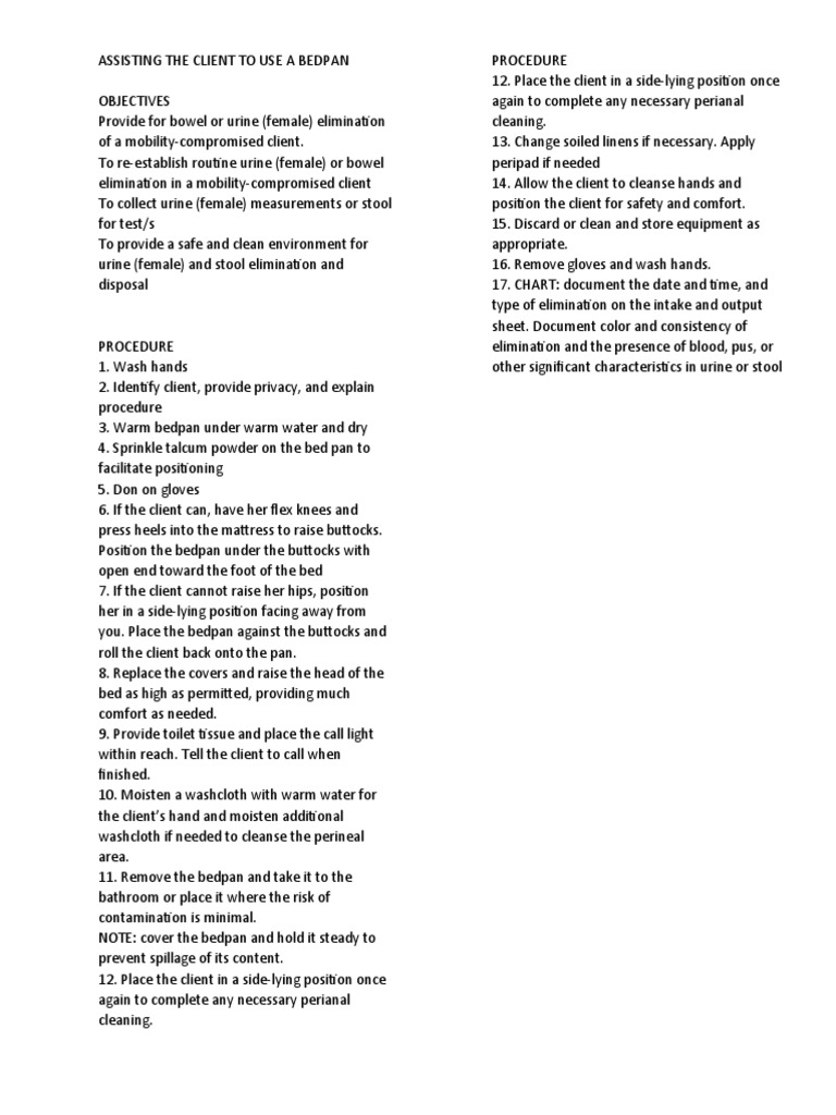 Assisting The Client To Use A Bedpan | PDF | Human Feces | Medical ...