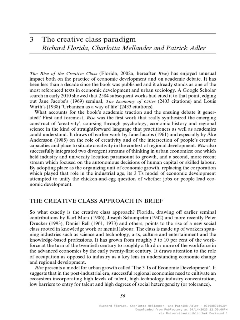 3 The Creative Class Paradigm: Richard Florida, Charlotta Mellander and Patrick Adler | PDF ...