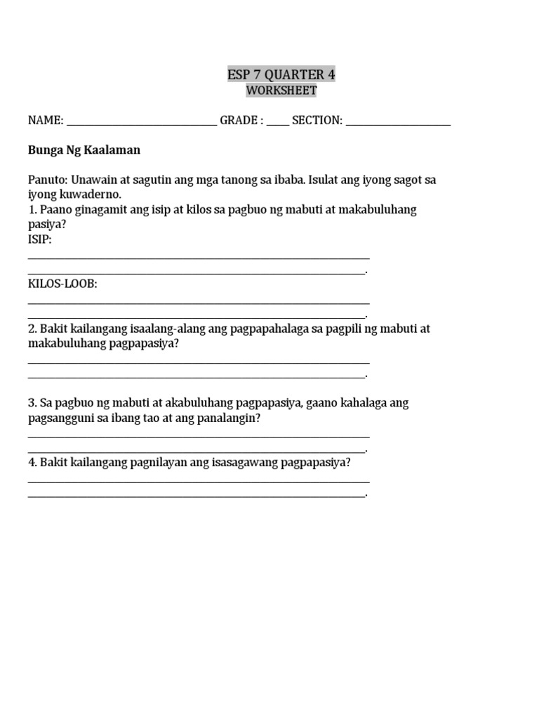 Esp 7 Quarter 4 Activity Sheets | PDF