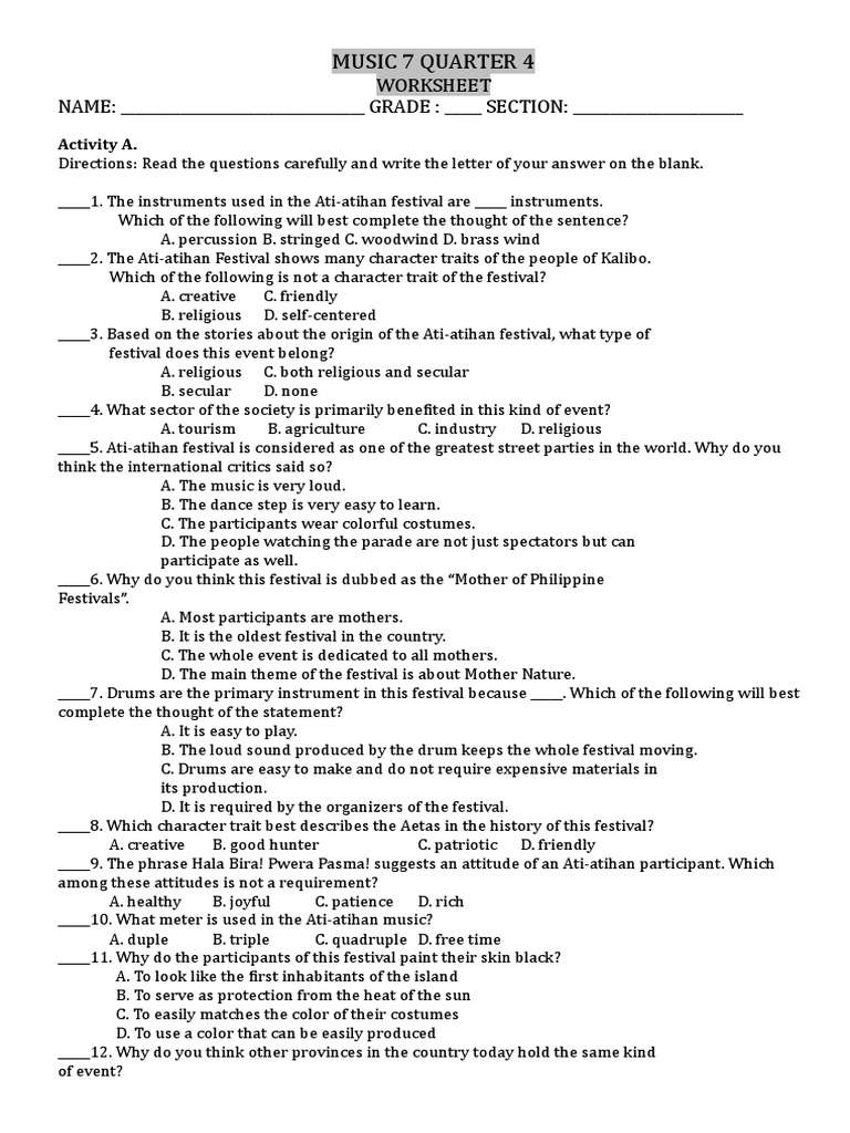 Music 7 Quarter 4 Activity Sheets | PDF