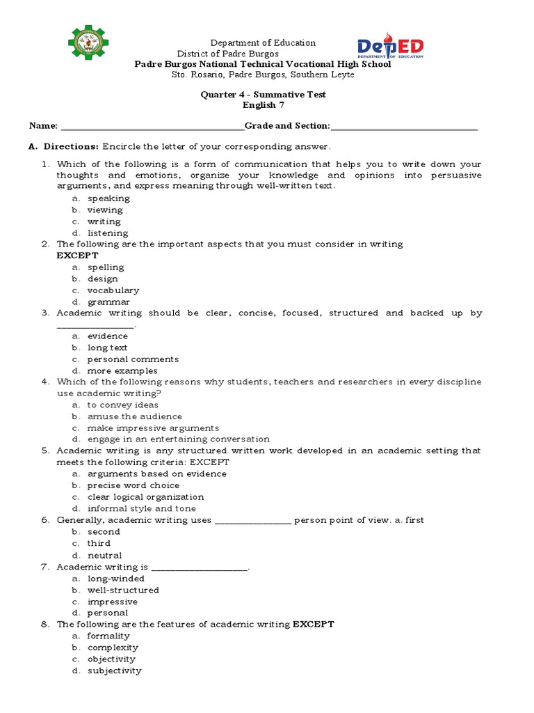 Q4 - English 7 Summative Test | PDF | Communication | Question