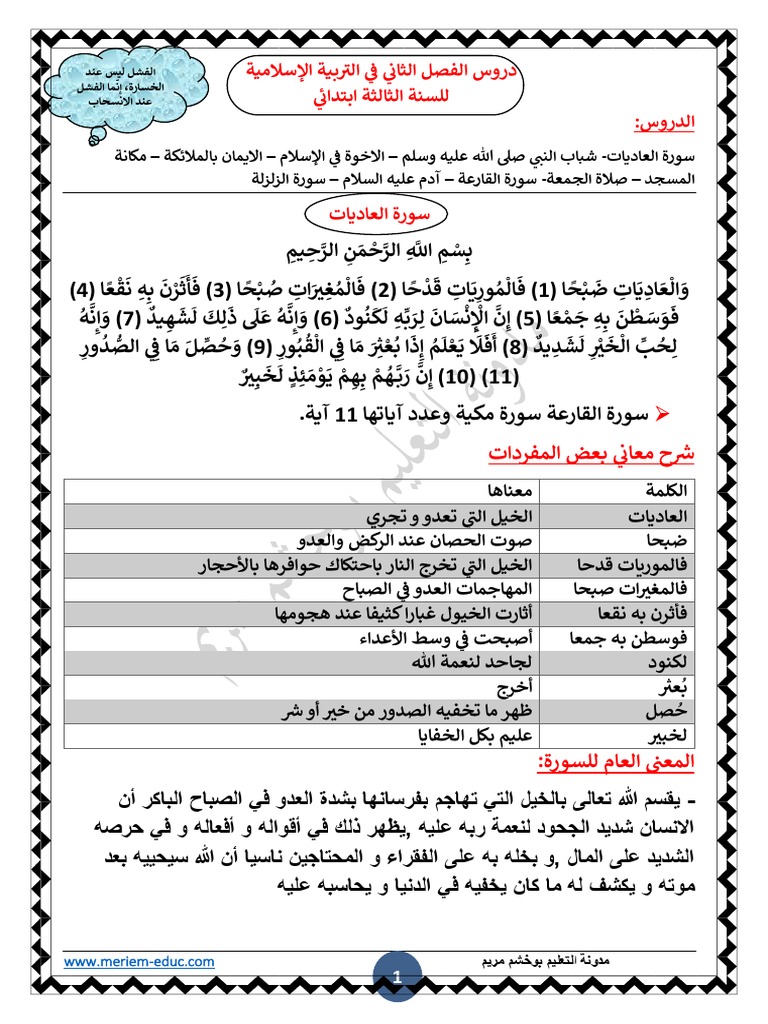 دروس الفصل الثاني في التربية الإسلامية س3ا مريم بوخشم | PDF