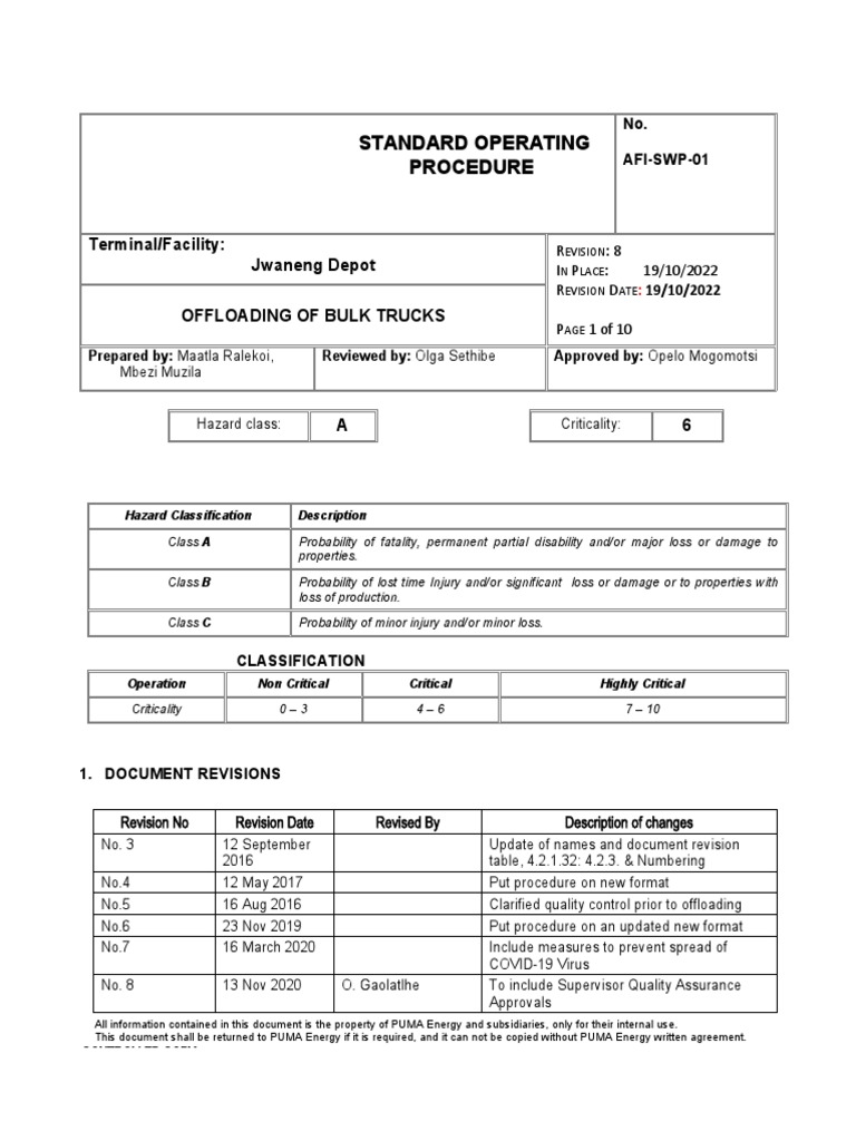 Offloading of Bulk Trucks - SWP | PDF
