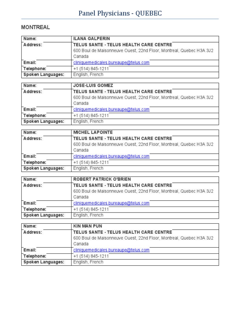 Panel Physicians - QUEBEC - CANADA | PDF | Quebec | Human Communication