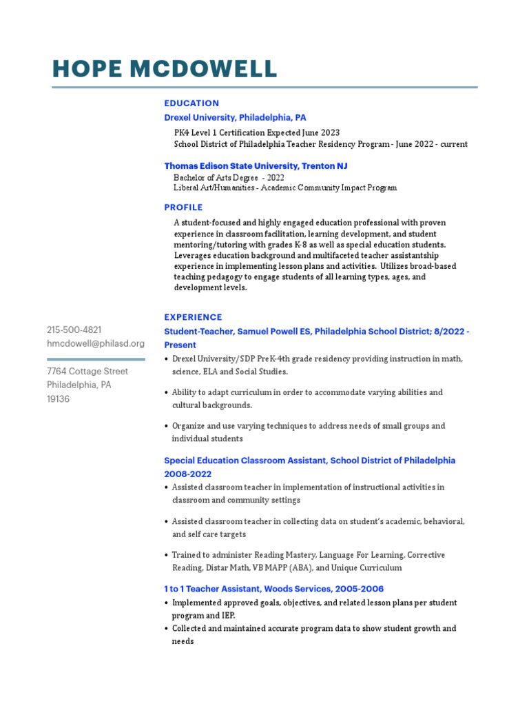 Hope McDowell Resume | PDF | Teachers | Special Education