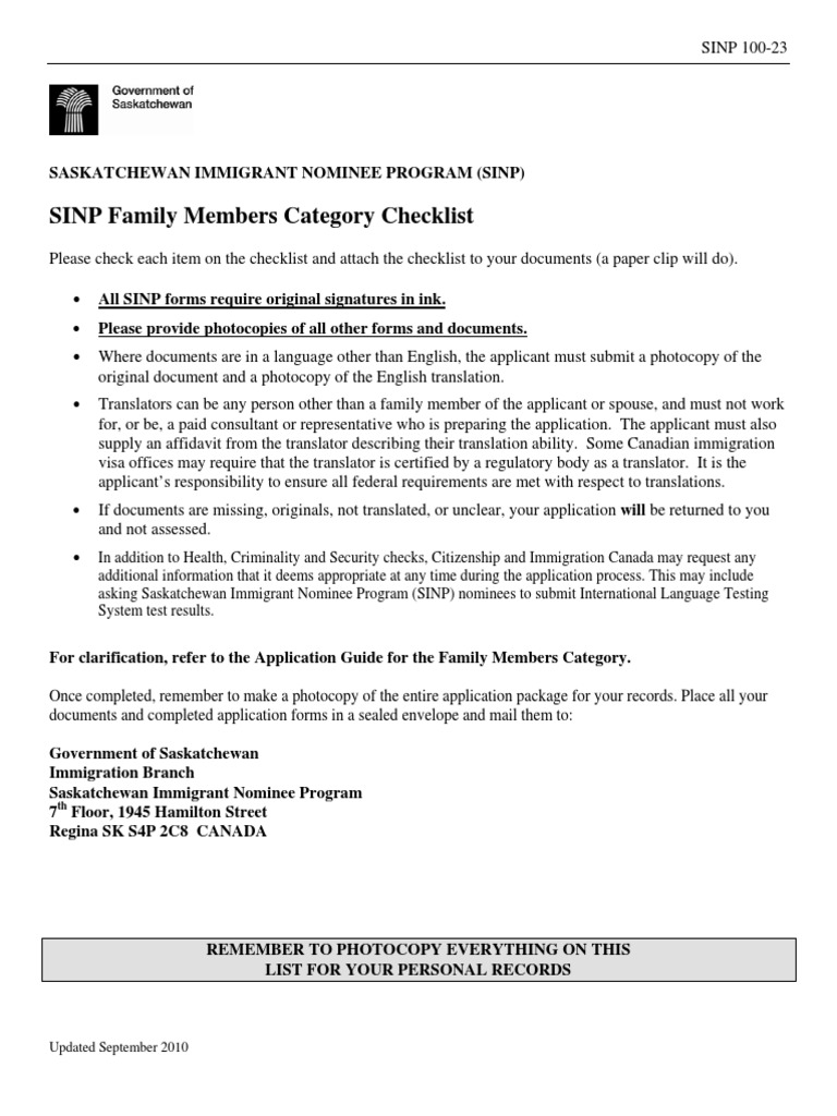 SINP Family Member Category Checklist | PDF