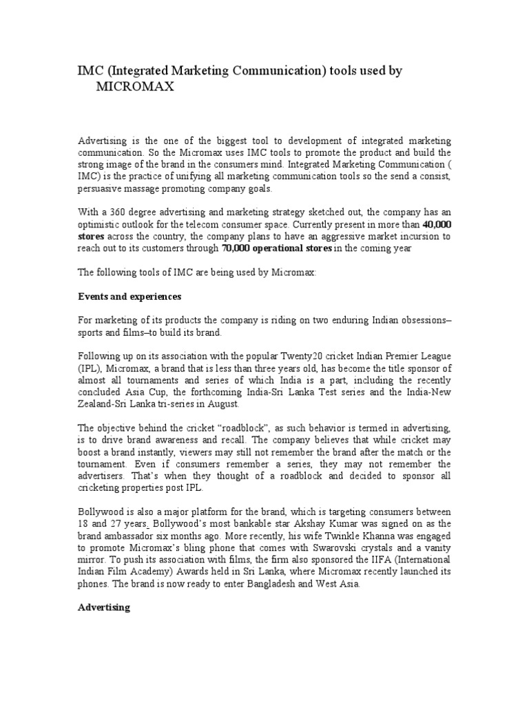 IMC Strategies by Micromax | PDF | Advertising | Sales