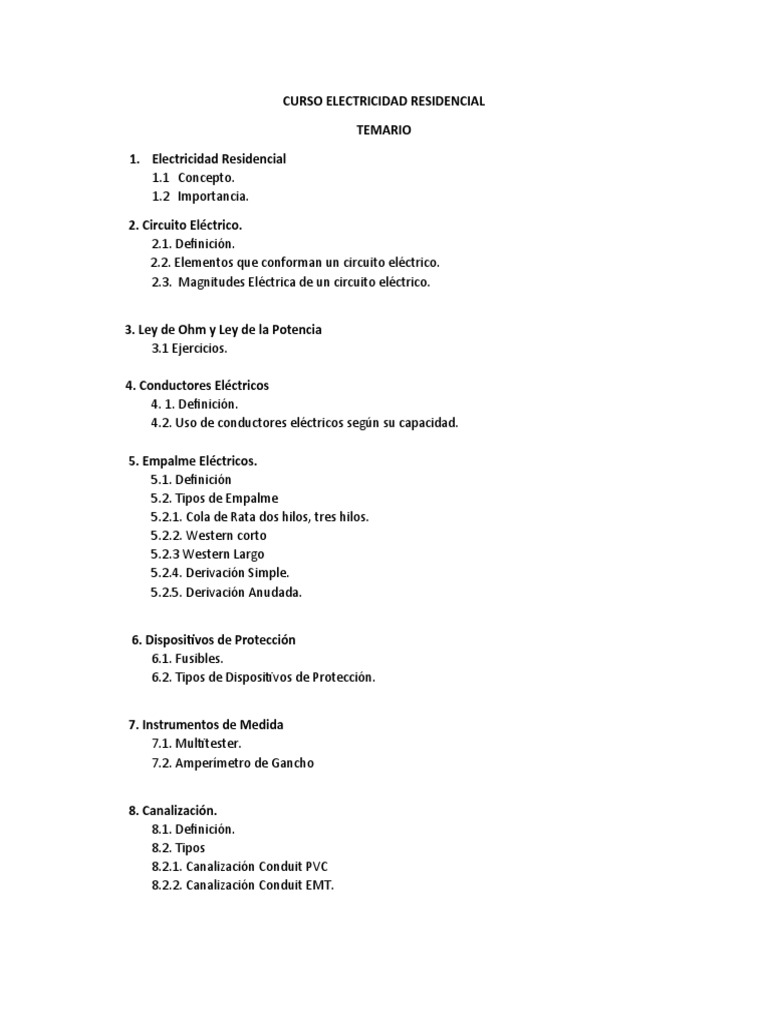 Temario Curso de Electricidad - Reidencial | PDF