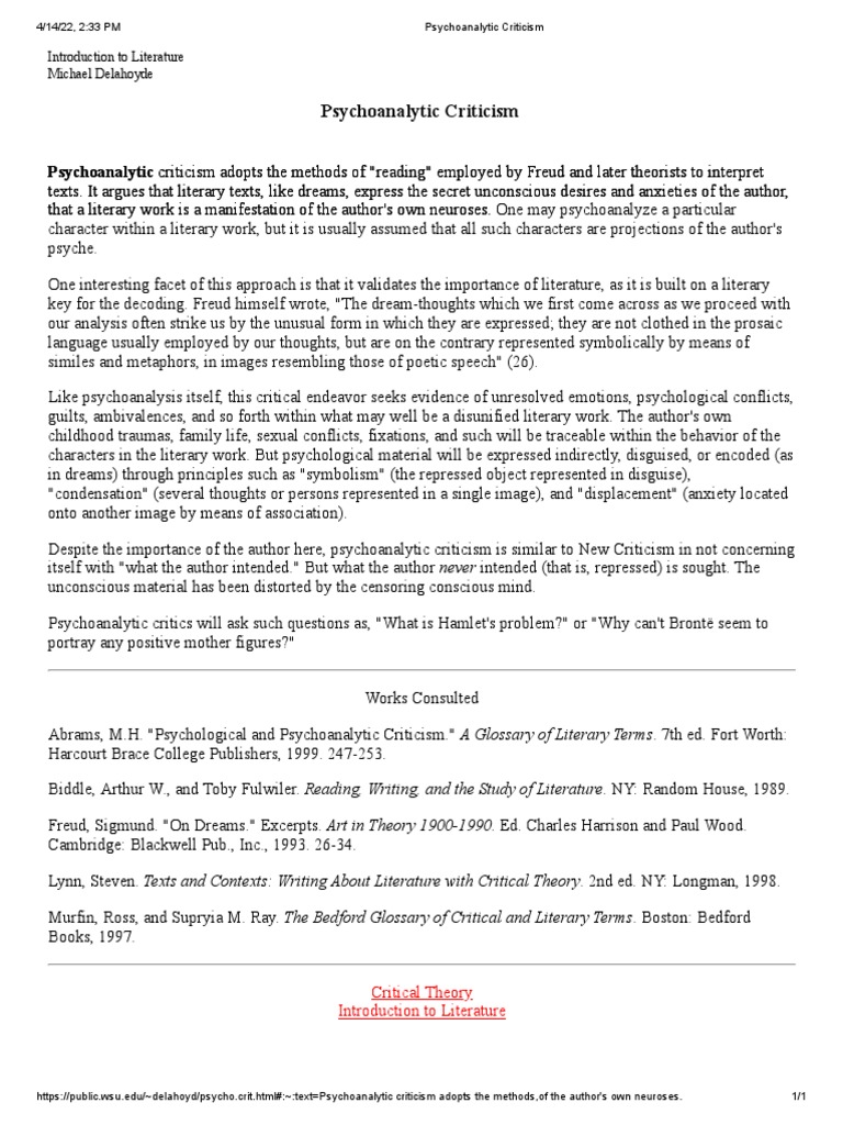 Psychoanalytic Criticism | PDF | Psychoanalysis | Psychology