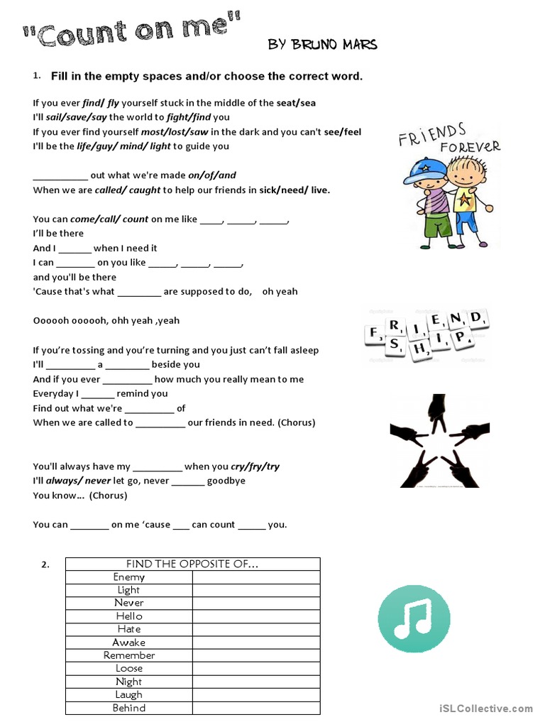 Count On Me - Bruno Mars - Song Worksheet | PDF