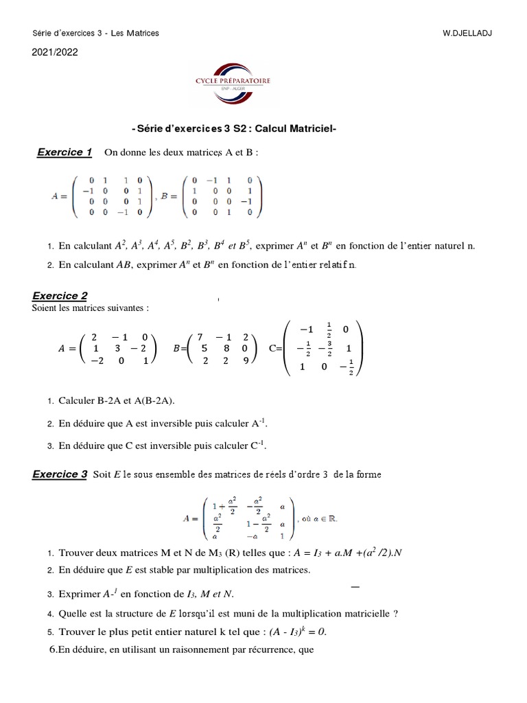 Série 2 - Les Matrices | PDF | Matrice (Mathématiques) | Physique mathématique