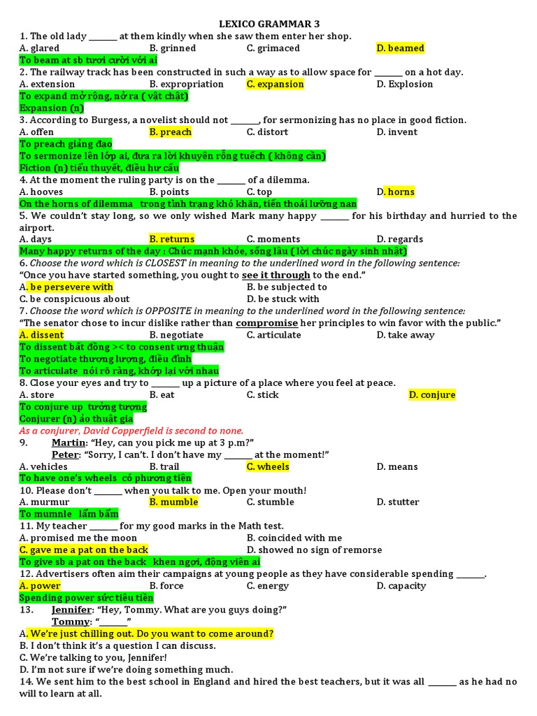 Lexico Grammar 3 Key | PDF