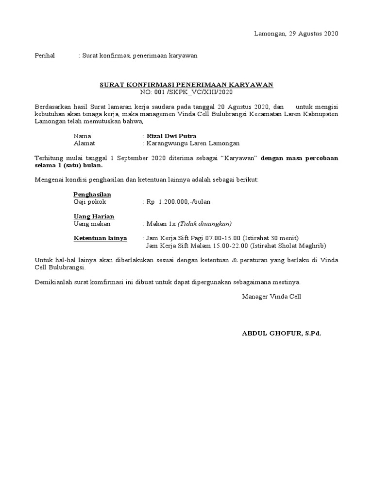 Surat Penerimaan Karyawan | PDF