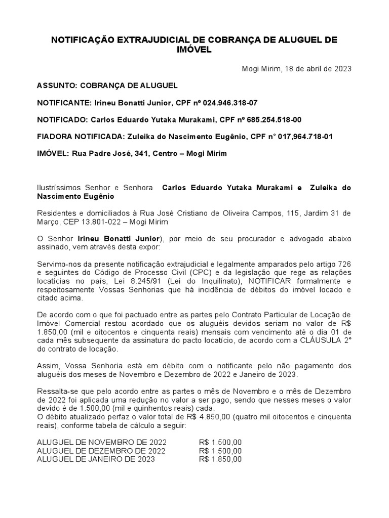 Notificação Extrajudicial De Cobrança De Aluguel De Imóvel Pdf