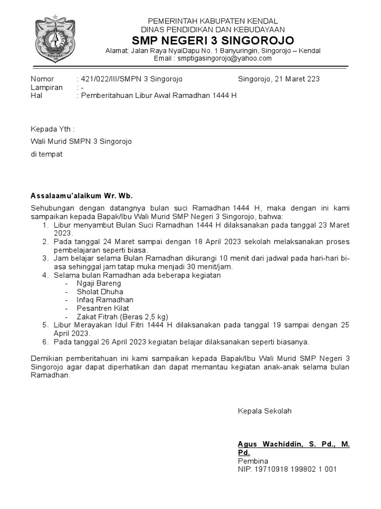 Pemberitahuan Libur Ramadhan 1444 H | PDF