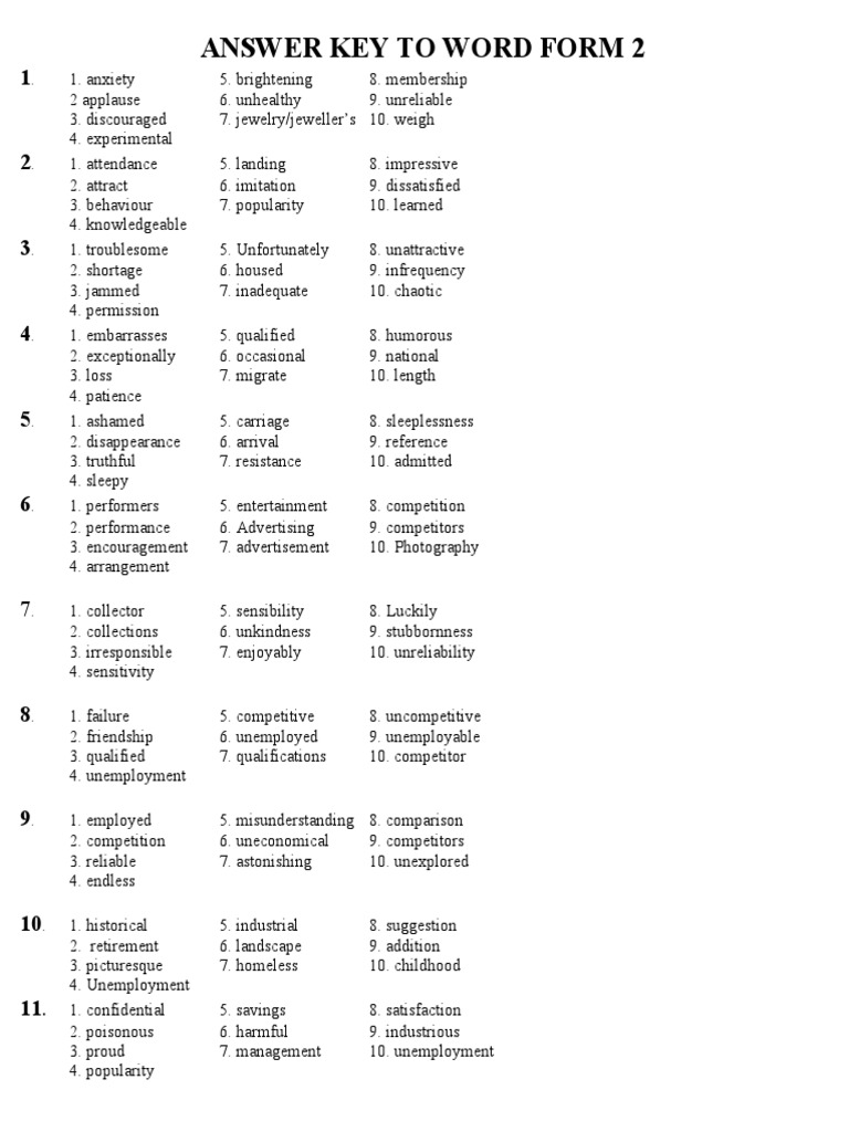 Word Form 2 Answer Key | PDF | Psychology
