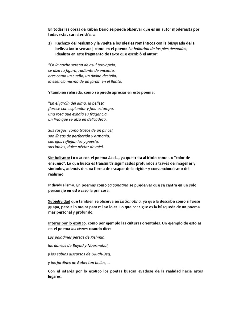 Caracteristicas Del Modernismo en La Obra de Ruben Dario | PDF | Poesía ...