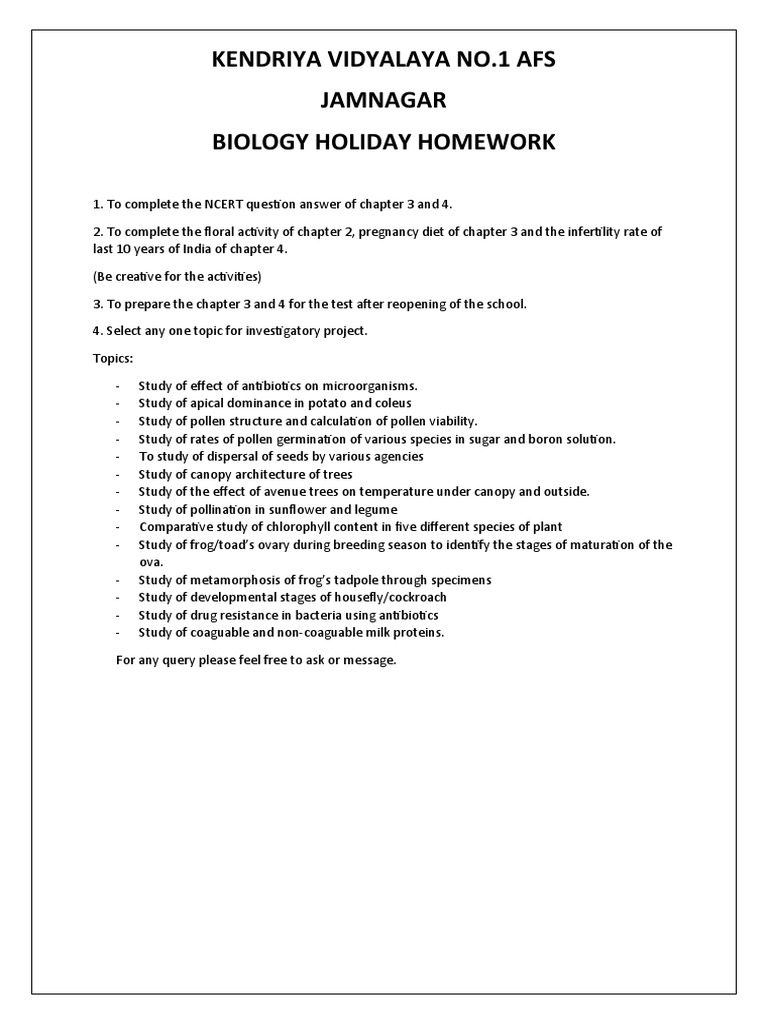 Biology Holiday Homework KV Jamnagar | PDF