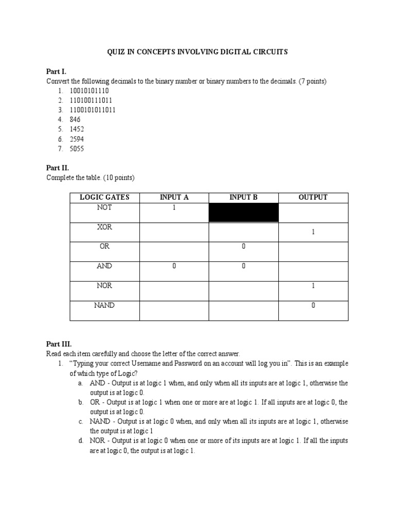 Quiz 1 Concepts Involving Digital Circuits | PDF | Logic Gate | Electronic Circuits