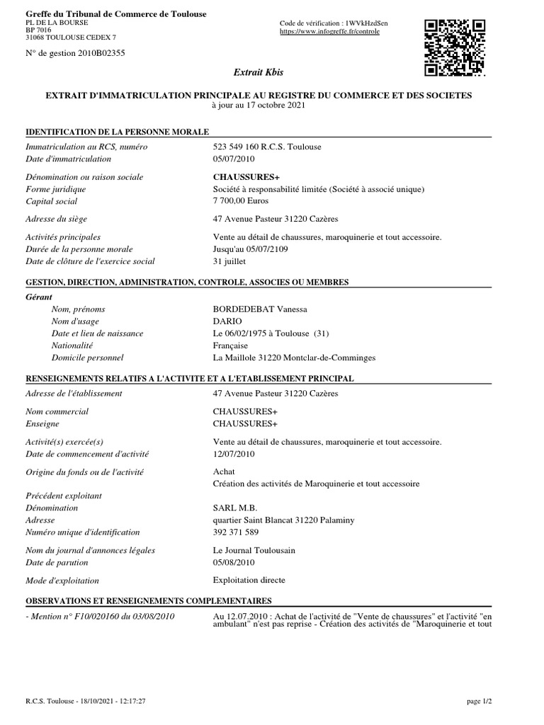 CHAUSSURES+ - Extrait Kbis | PDF