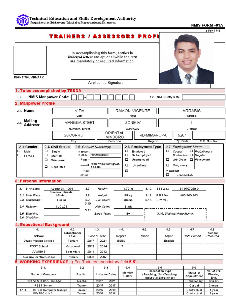 TESDA Trainers/Assessors Profile Form | PDF