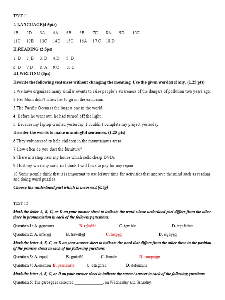 E10. Key. Test 11-20 | PDF | English Language | Sentence (Linguistics)