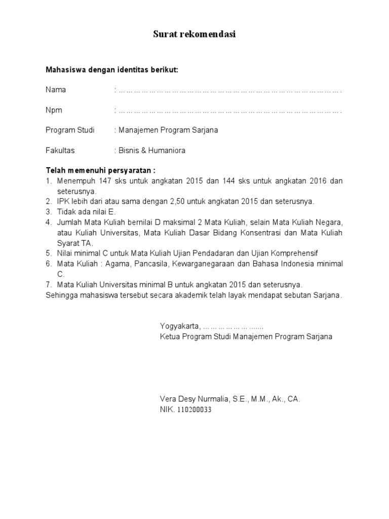 Surat Rekomendasi Kaprodi | PDF