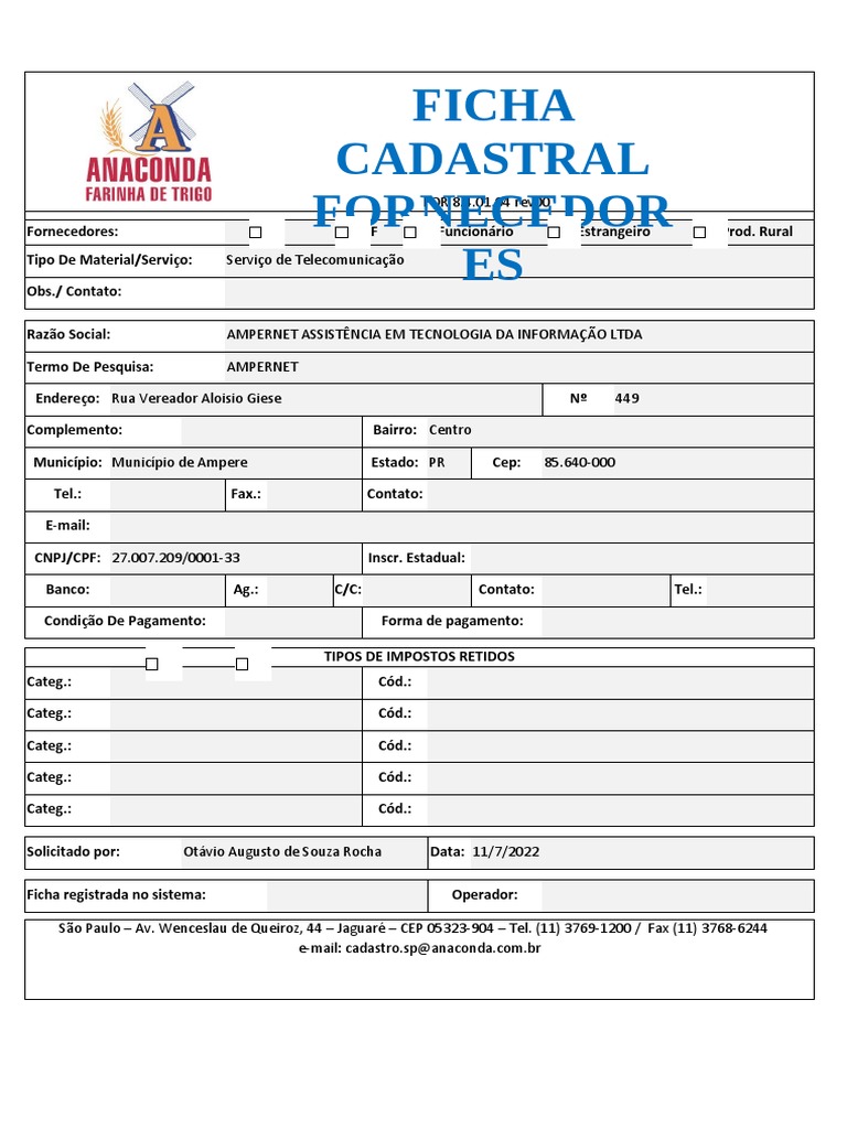 For 8.4.01.04 - Ficha Cadastral de Fornecedores | PDF