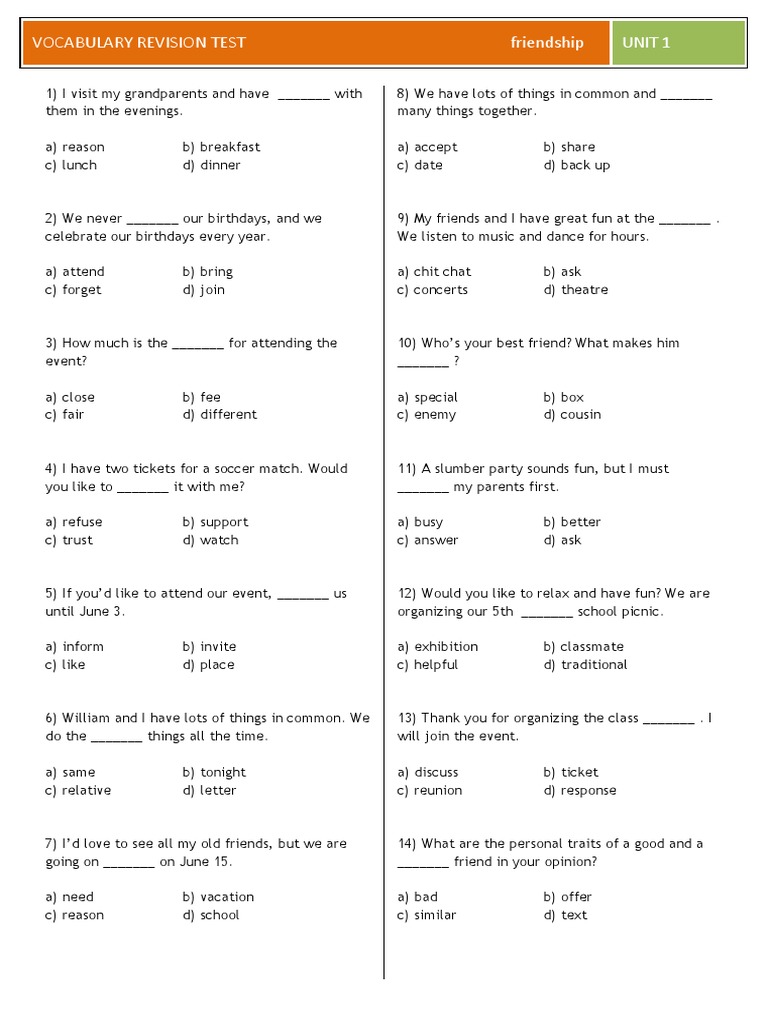 Unit 1 Friendship Vocabulary Test | PDF