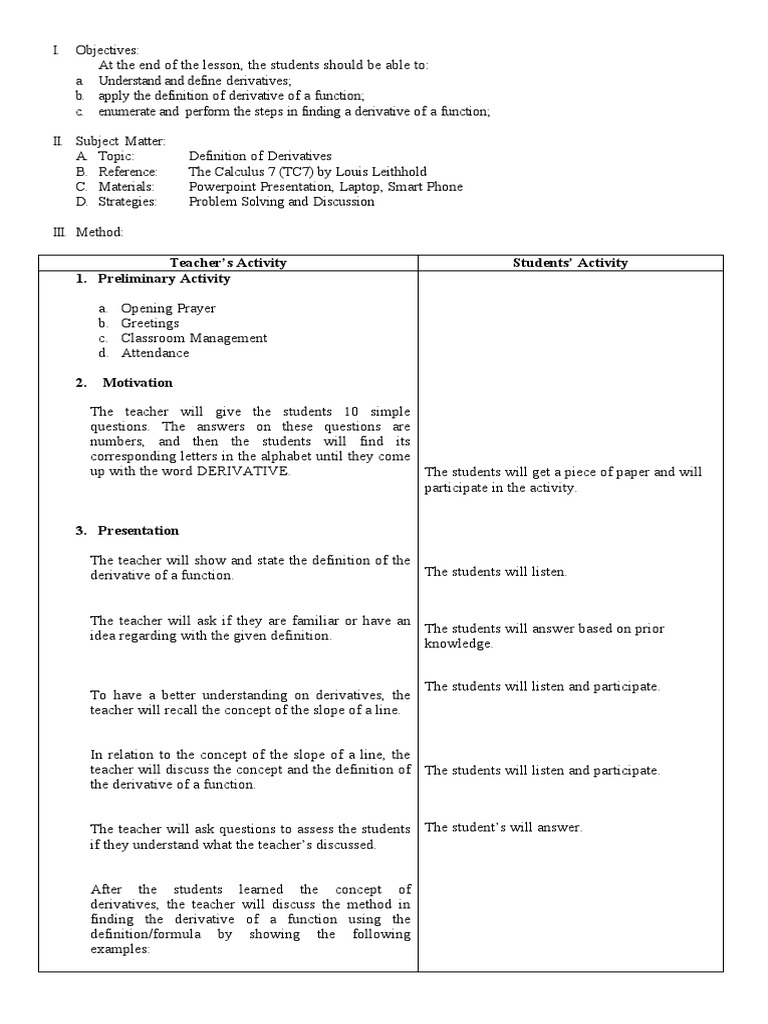 Lesson Plan In Basic Calculus Pdf